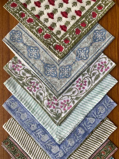 Napkins, Kitchen Towels, Table Decor, Table Linen, Cotton Cloth Border Napkins, Size 20"x 20", Hand Block Print Lunch, Dinner Napkins (Mix Border Napkin, Set of 8-20x20 Inch)