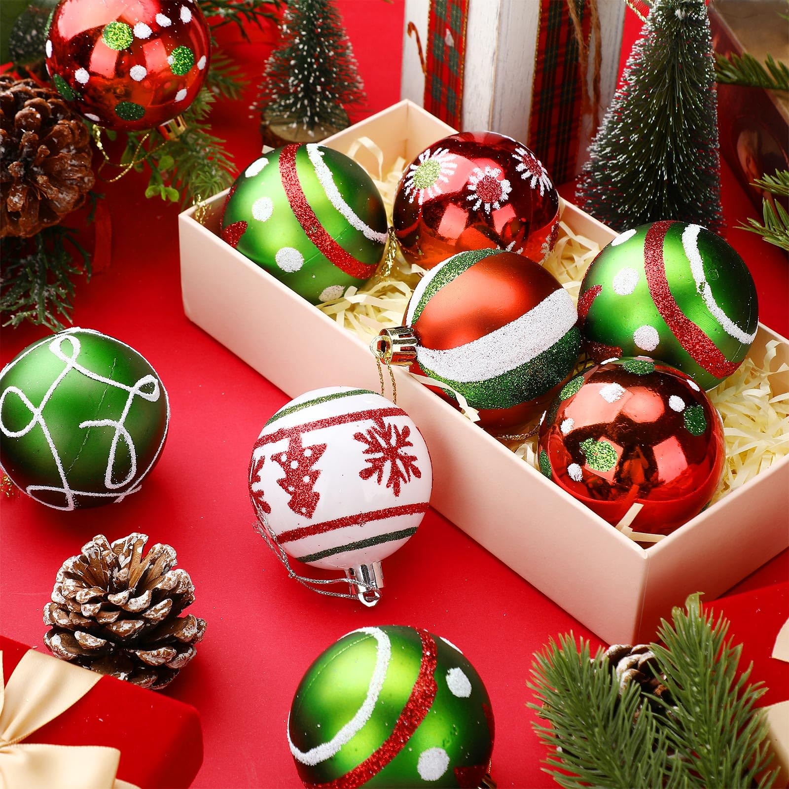 Leyndo 30 Pcs 2.4 Inch Glittering Red Green Christmas Ball Ornaments for Hanging on Xmas Tree - Candy Cane and Peppermint Decor (Classic)