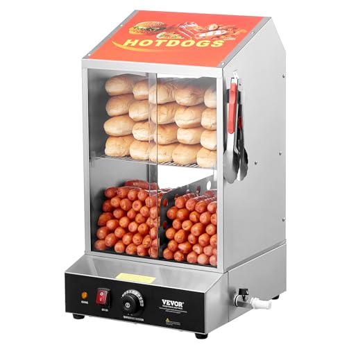 VEVOR Hot Dog Steamer, 39QT, 2-Tier Hot Dog Hut Steamer, 86ā~185ā Temperature Control, Electric Bun Warmer with Tempered Glass Slide Doors Partition Plate Tong, Stainless Steel, for Hot Dogs & Buns