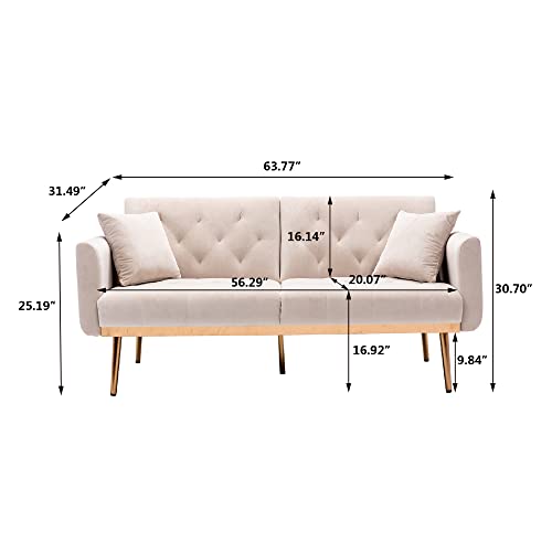 Woanke, Mid Century Velvet Fabric, Modern Folding, Convertible Futon Bed, Recliner Couch Accent Loveseat Sofa with Rose Gold Metal Feet, Beige