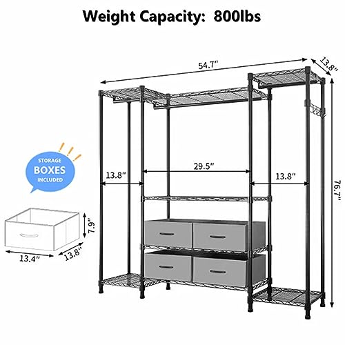 Wekity Wire Garment Rack Heavy Duty Clothes Rack,Closet Organizer Metal Garment Rack Portable Clothes Hanger Home Shelf Fabric Drawers,Freestanding Closet Wardrobe (Black)