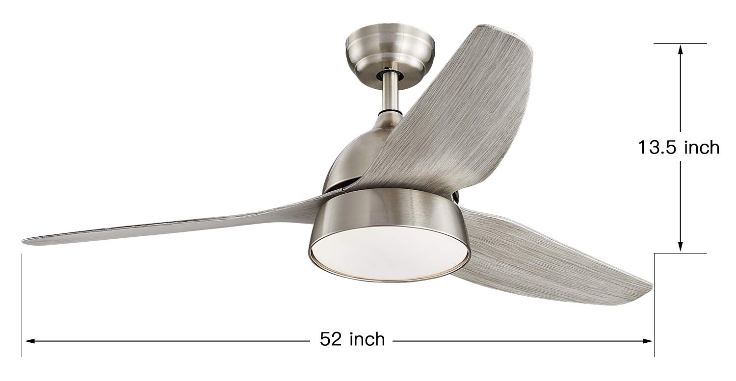 LAMPSMORE 52 Inch Indoor Ceiling Fan With Lights,Nickel Ceiling Fan Light Kit For Bedroom,Modern Ceiling Fan With Remote,Industrial Ceiling Fan With 3 Blades
