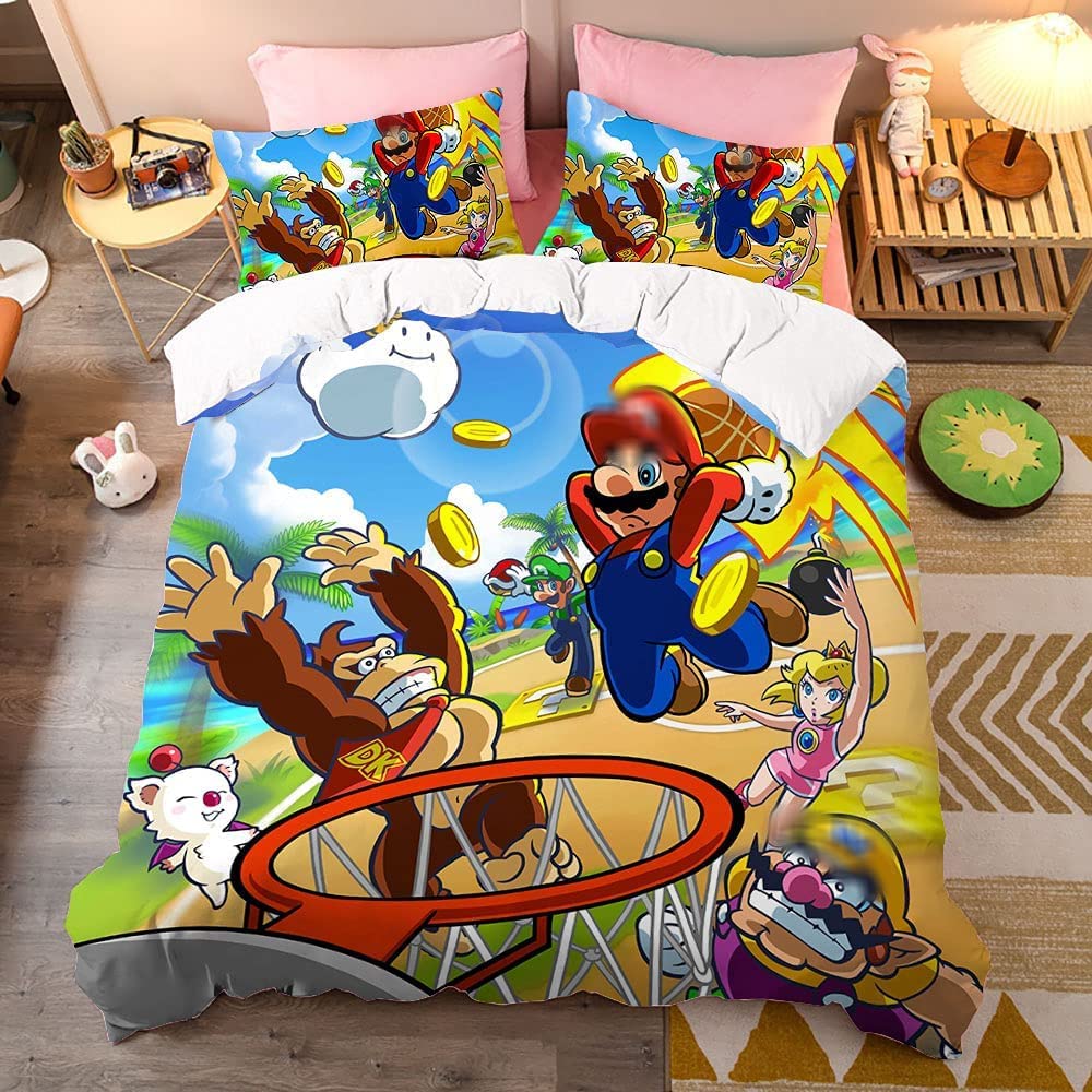 LARIAU Cartoon Duvet Cover,Game Characters Super Bros 3D Print Bedding King 3 Piece Sets for Kids Boys, Lightweight Soft Microfiber Quilt Set with Matching Pillowcase Ma2