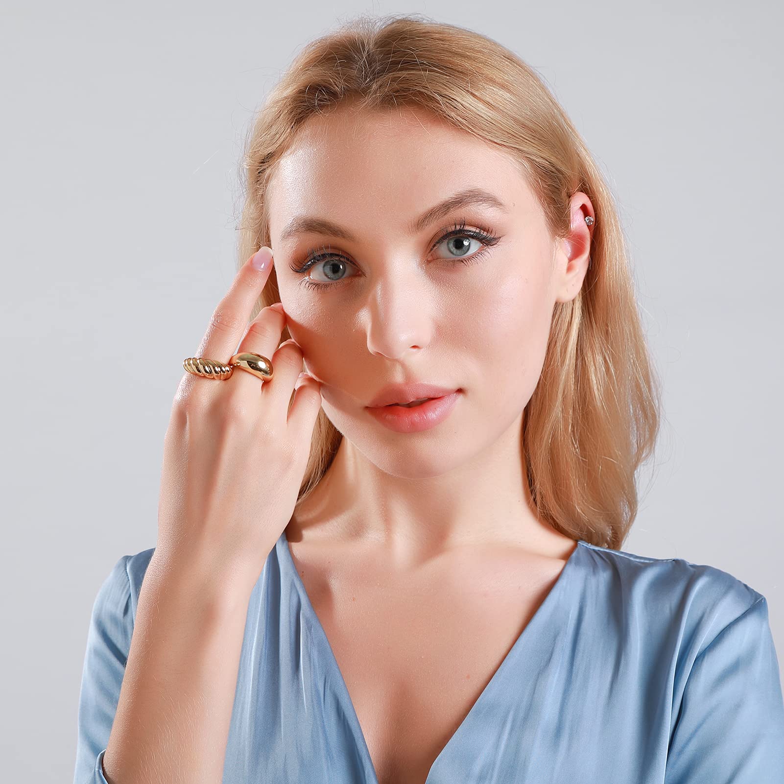 LKneckes Women Ring Beautiful Gold and Silver Thread Glossy Ring Set for Wedding 18K Gold Plated Croissant Dome Ring Twisted Braided Gold Plated Ring 2PCS (GOLD SIne 8)