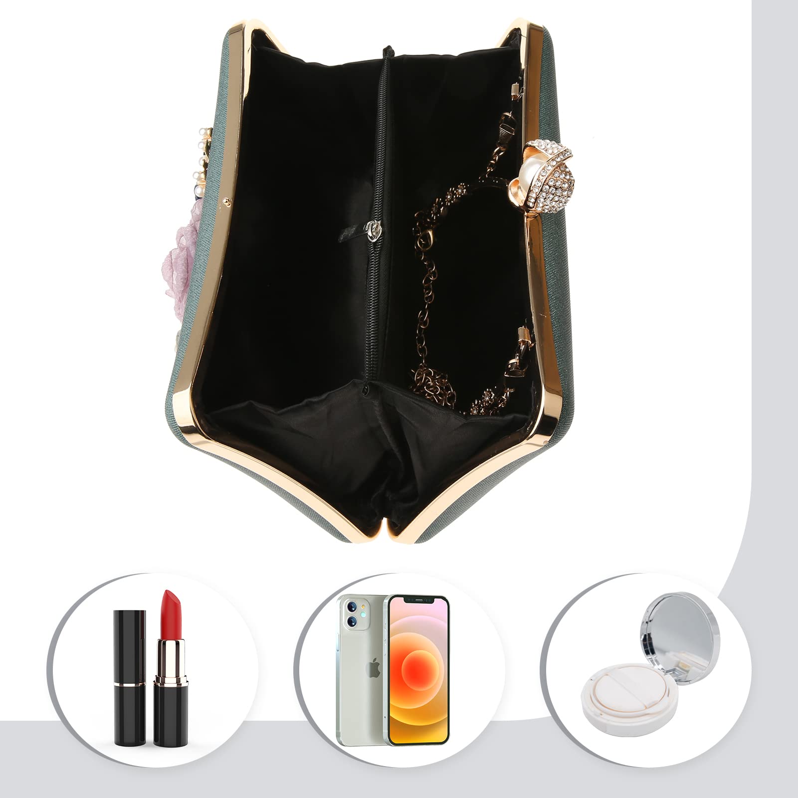 Rkrouco Women's Flower Evening Clutch Bag - Multicolor Flower Handbag with Satin-Gold.