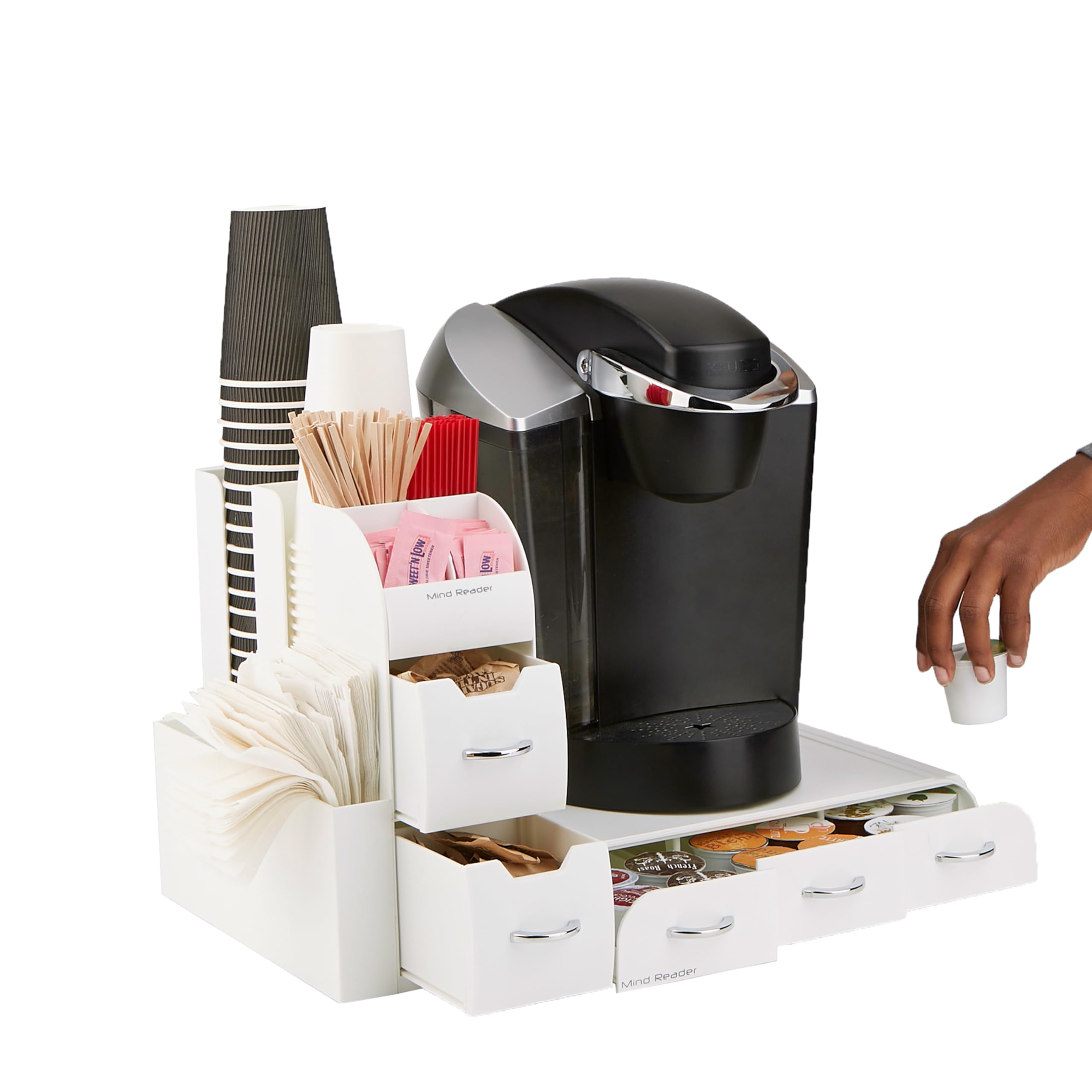 Mind Reader Single Serve Coffee Pod Drawer and Cup Condiment Set, 36 Pod Capacity, 5.35"L x 11.25"W x 11.15"H, 2 Pcs., White