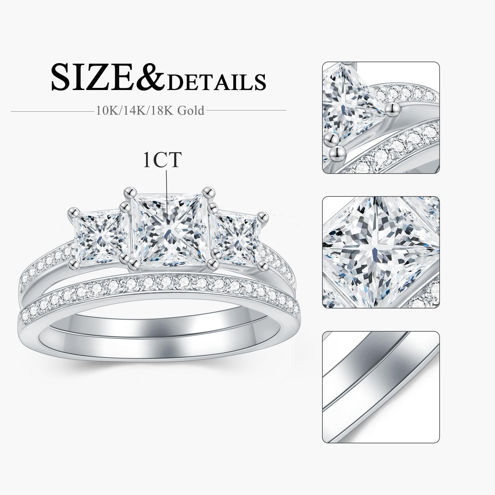 Princess Cut Wedding Ring Set for Women White Gold 3 Stone Moissanite Bridal Ring Set Engagement Ring Set 10K 14K 18K Gold Anniversary Promise Rings for Her with Text Engraving(10K