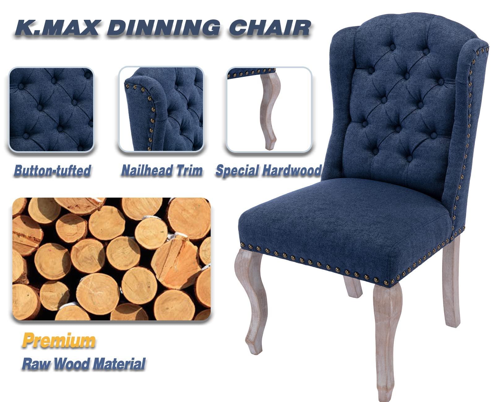 K.MAX Tufted Dining Chairs Fabric Accent Chairs for Living Room Mid Century Modern Armless Dining Chair with Wood Legs Nailhead Trim for Kitchen Set of 4, Grey
