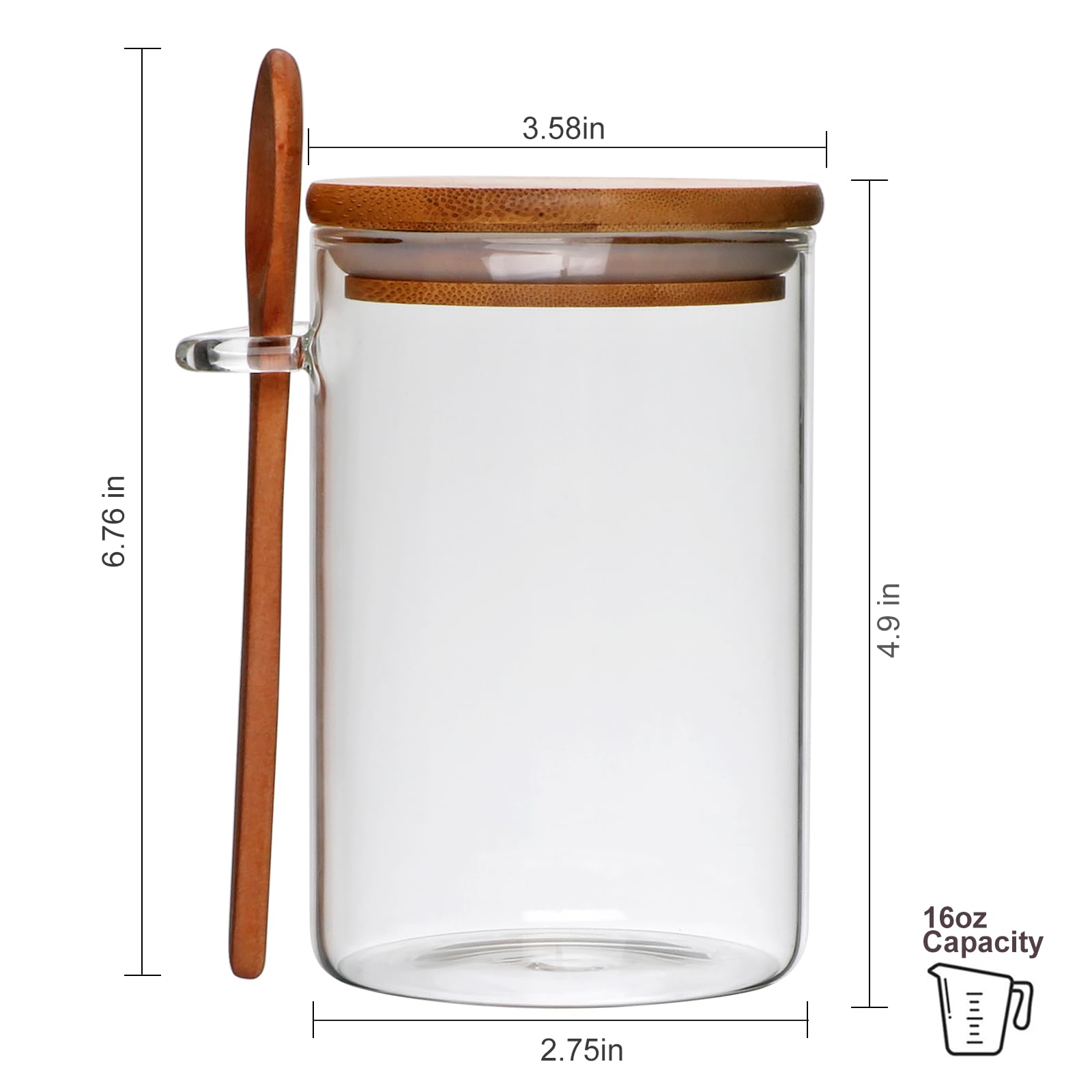 Mapoxy 4 Pack Airtight Glass Jars with Bamboo Lid and Spoons, 16 Oz Food Storage Container Sealed Overnight Oats Canisters for Flour, Coffee, Sugar, Tea, Beans, Cookies, Candy, Cereal, Nuts, Spices