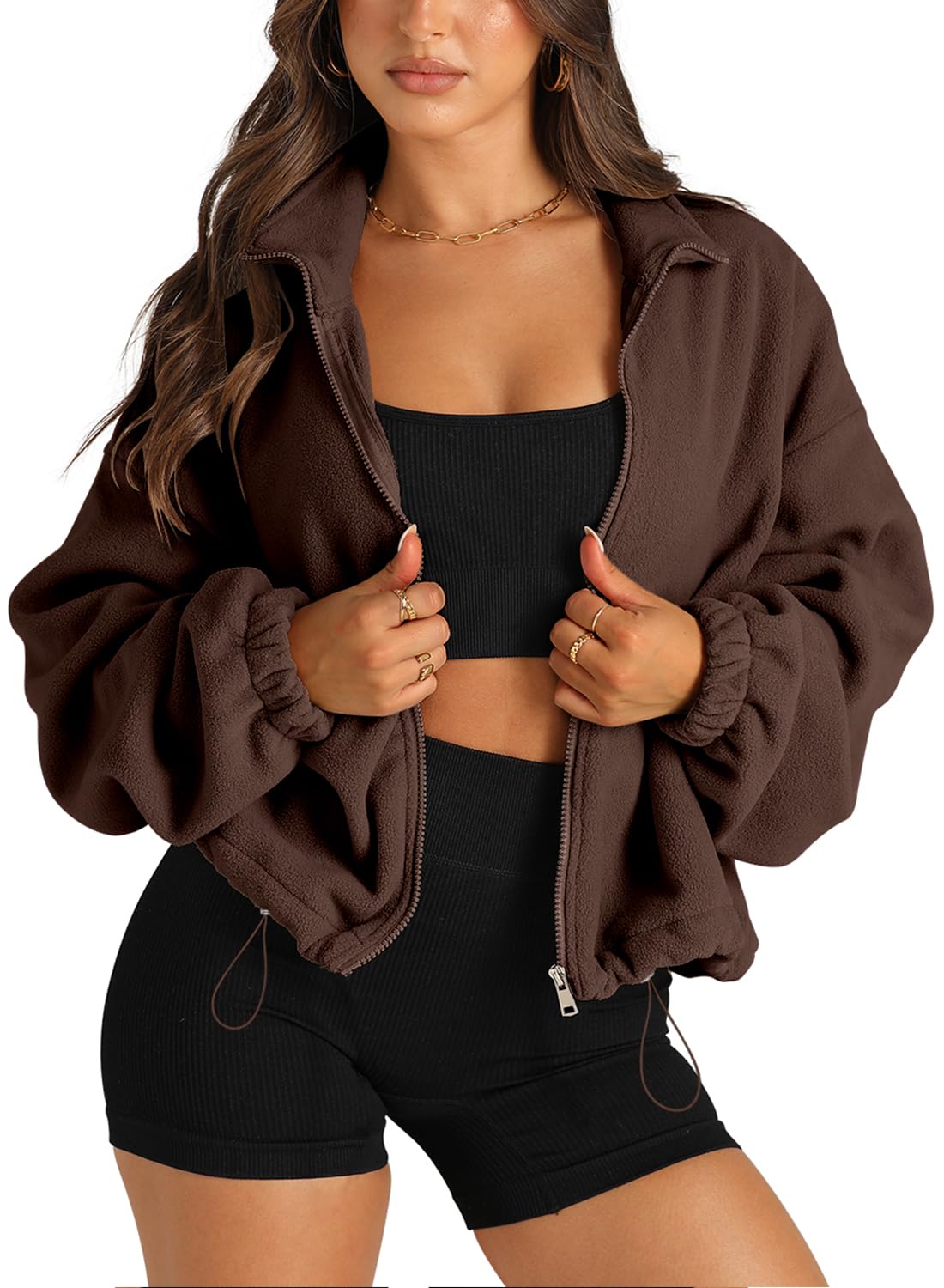 JZC Women's Zip Fleece Short Jacket Warm Winter Long Sleeve Sweatshirt Sherpa Crop Coat Brown Small