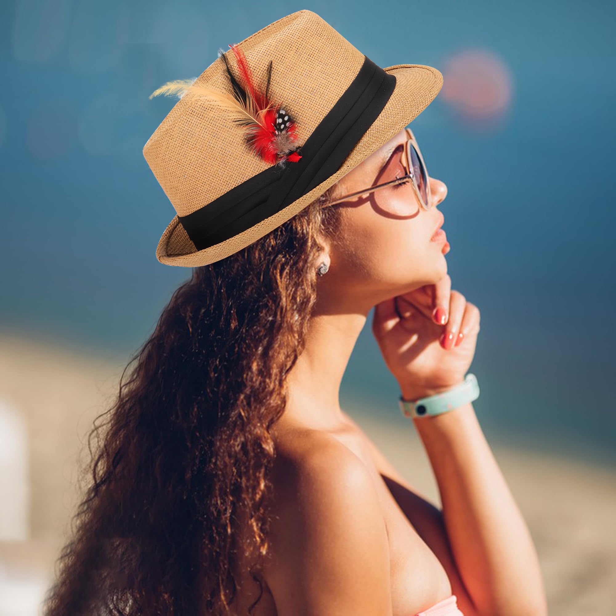 Ultrafun Straw Fedora Hats for Men Women Short Brim Summer Beach Hat with Feathers Band (US, Alpha, One Size, Black)