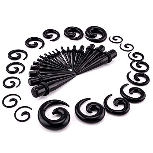 LLGLTEC Ear Stretching Kit 54 Pieces 14G-00G Ear Gauges Expander Set Acrylic Tapers and Plugs & Silicone Tunnels Body Piercing Jewelry Set (Black)