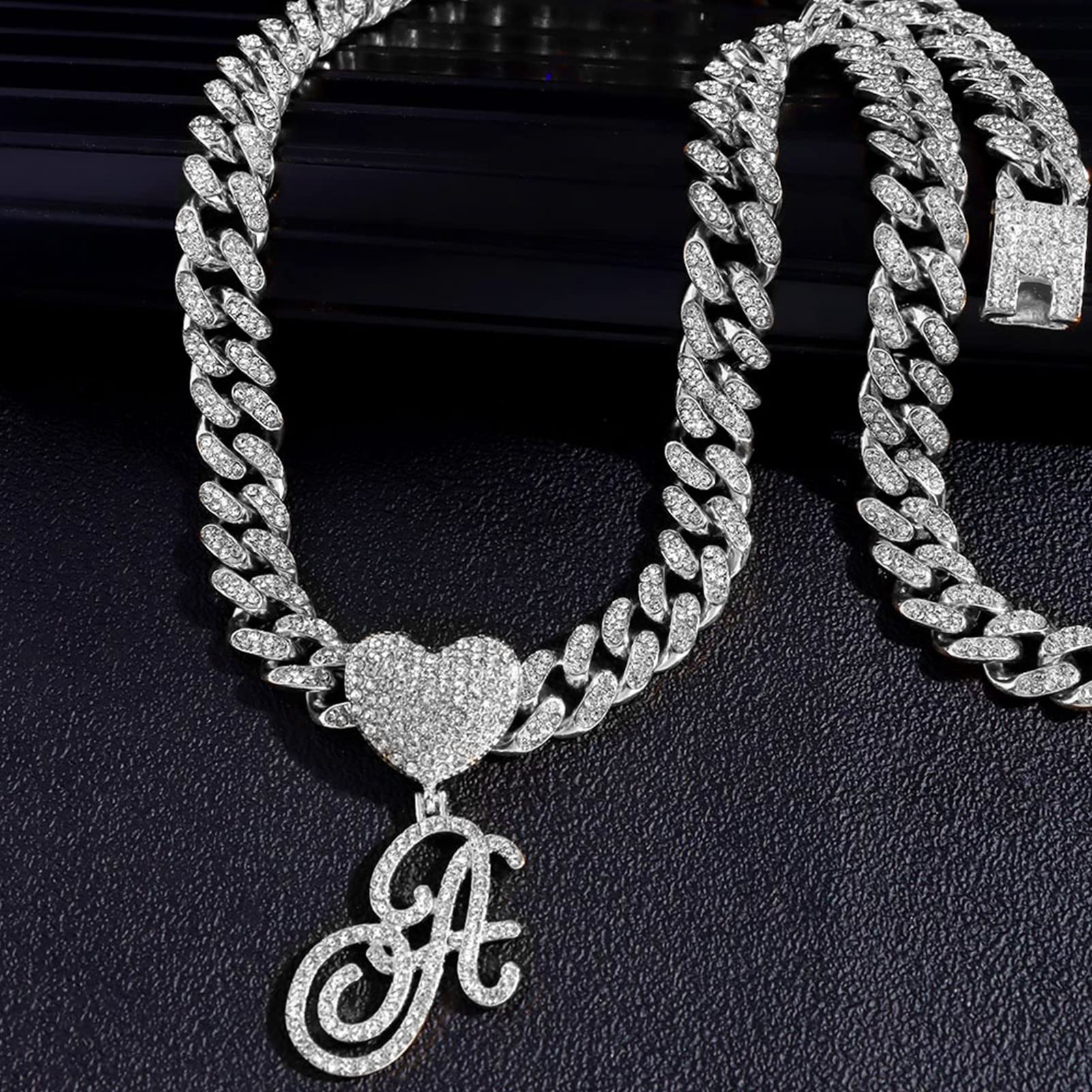 PTJDSMF Cursive Silver Initial Pendant Necklaces Alphabet Pendant Miami Cuban Link Chain Necklace for women Hip Hop Iced Out Letter Chain with Pendant Jewelry … (Cuban Link Chain K)