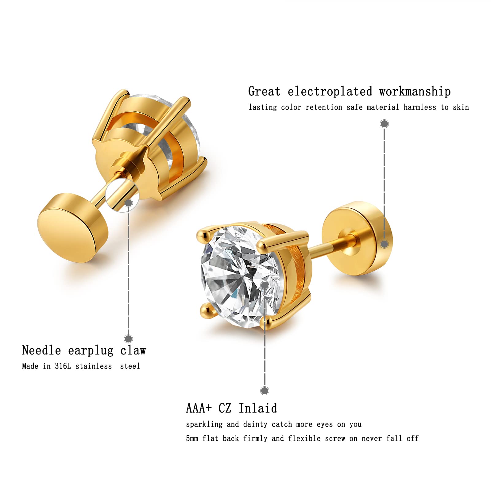 Kainier Women's 5 Pairs 14K Gold Plated CZ Stud Earrings Flat Back Earrings Simulated Diamond Round Surgical Steel Cubic Zirconia Hypoallergenic Flat Back Ear Stud Set(5 Pairs)