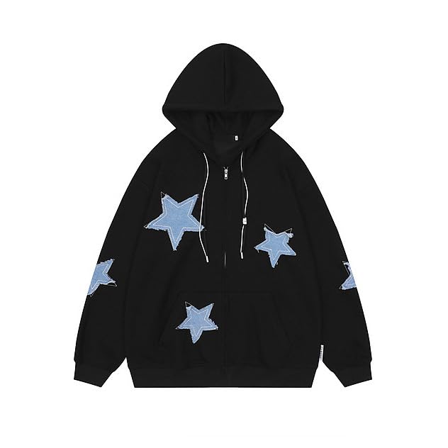 Y2K Hoodies Grunge Full Zip Jacket Oversized Star Graphic Sweatshirts Acubi Gothic Clothes Hippie Emo Pullover Coats (Black,L)