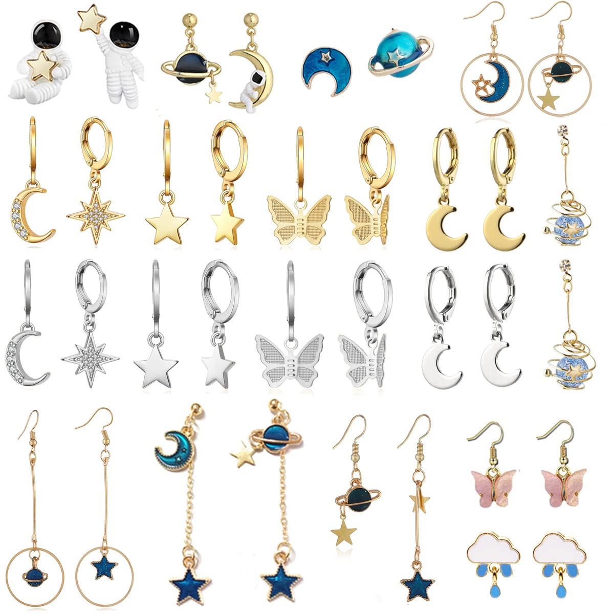 MOZAKA 18 Pairs Moon Star Dangle Earrings for Women Space Earth Planet Asymmetrical Drop Earring Set Butterfly Astronaut Spaceman Stud Earrings Jewelry Gift