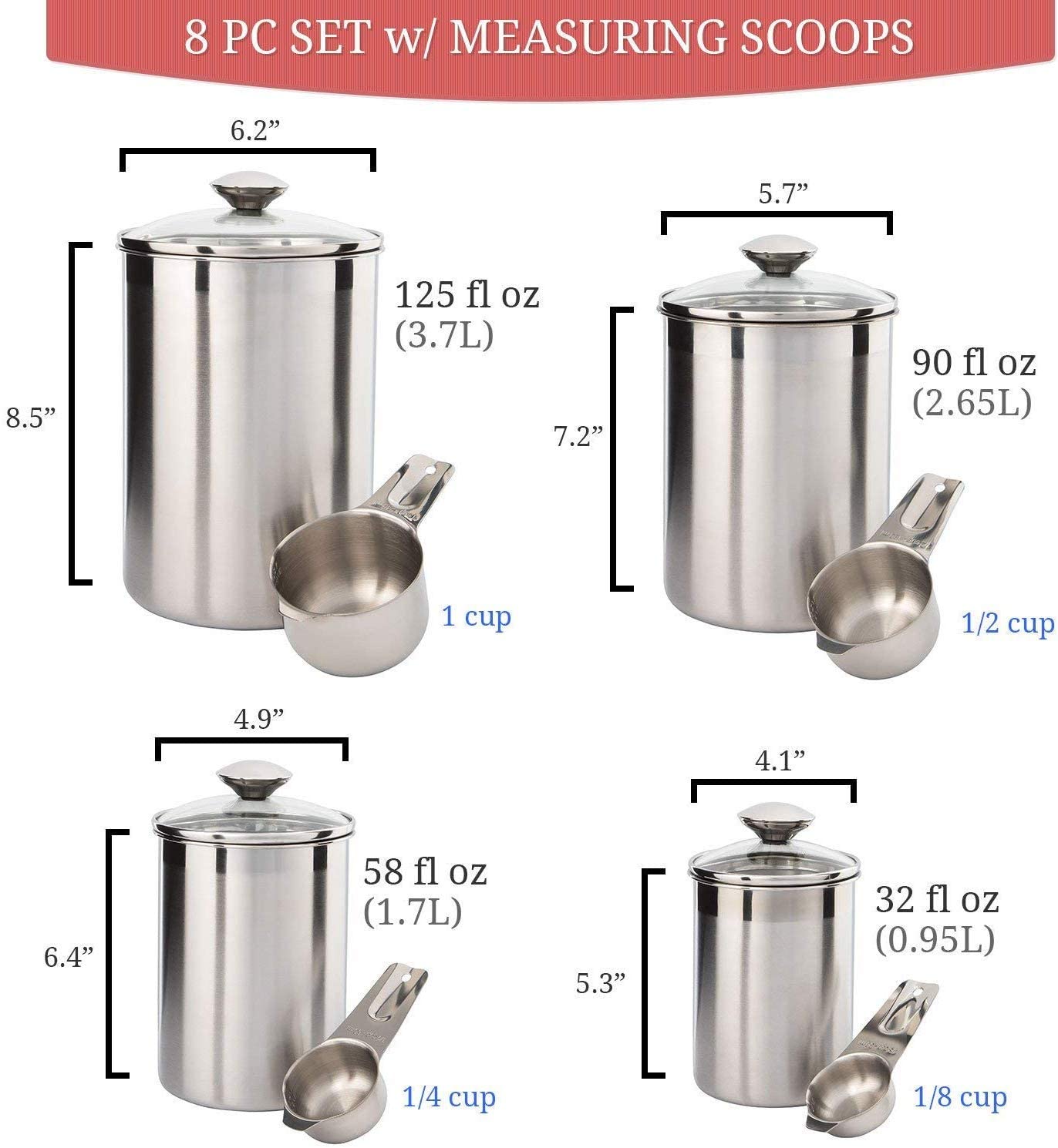 Kitchen Canister Set - Airtight Stainless Steel Canisters with Glass Lids - Clear See-Thru Top - Containers Set for Kitchen - Ideal for Food, Flour, Sugar, Coffee, Tea & Pantry Storage (8 Piece Large)
