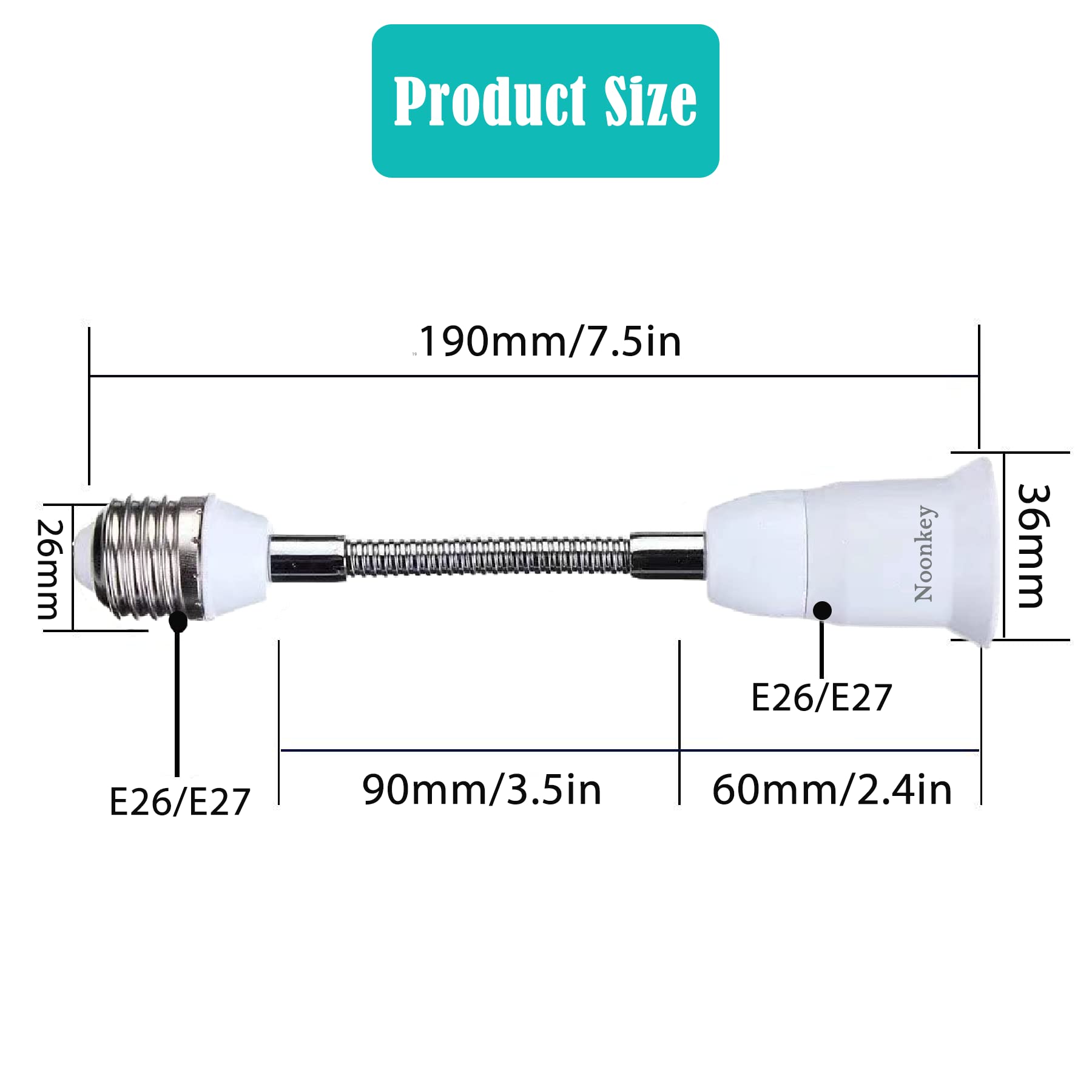 Light Socket Extender [2-Pack], 360 Degree Adjustable Flexing Neck, 19 CM/7.5 Inch Extension Adapter, Compatible with All E26/E27 of Bulbs Screw Base, PBT Fireproof Material, White
