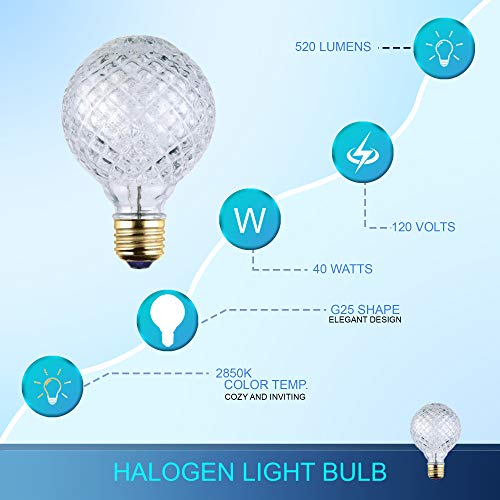LABORATE LIGHTING, Halogen Light Bulbs, Decorative Light Bulbs, Cut Glass, Outdoor/Indoor Vanity Light Bulb, 40 Watt Halogen Bulb, Completely Dimmable, Pack of 6.