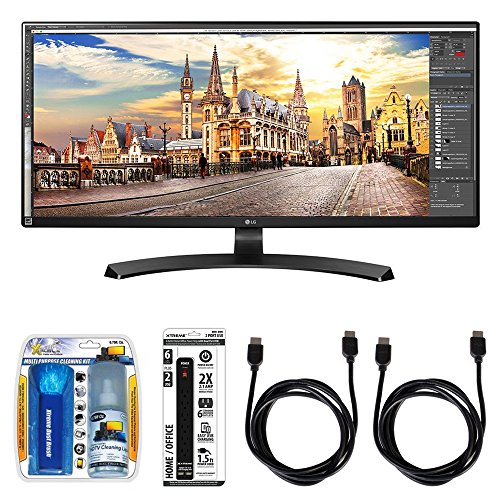 LG 34UM68 21:9 FHD IPS 34-inch Monitor Bundle with 6-Outlet Surge Adapter with Night Light, 2X HDMI Cable and Screen Cleaner (Large Bottle) for LED TVs