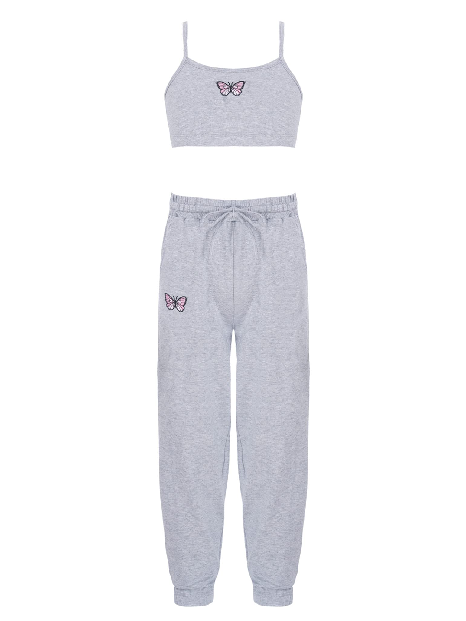 Moggemol Girls 2 Piece Dance Sports Outfits Butterfly Print Cami Crop Tops and Sweatpants Tracksuit Jogger Set Grey 10 Years