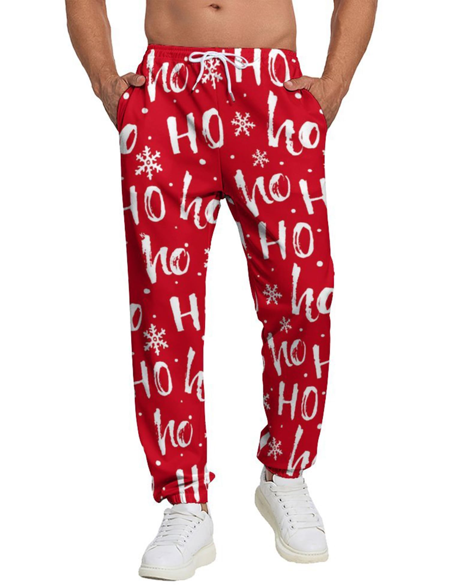 QINGXUN mens Lightweight Pockets Casual Sports Workout Running Pants, Hohoho's Pattern Christmas, Large