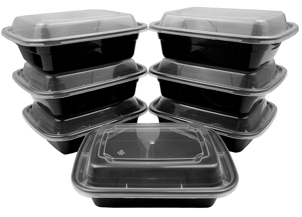 PACTOGO 12 oz. Rectangular Microwaveable Black Plastic Disposable Food Storage Container with Lids - BPA Free (Pack of 25 Sets)