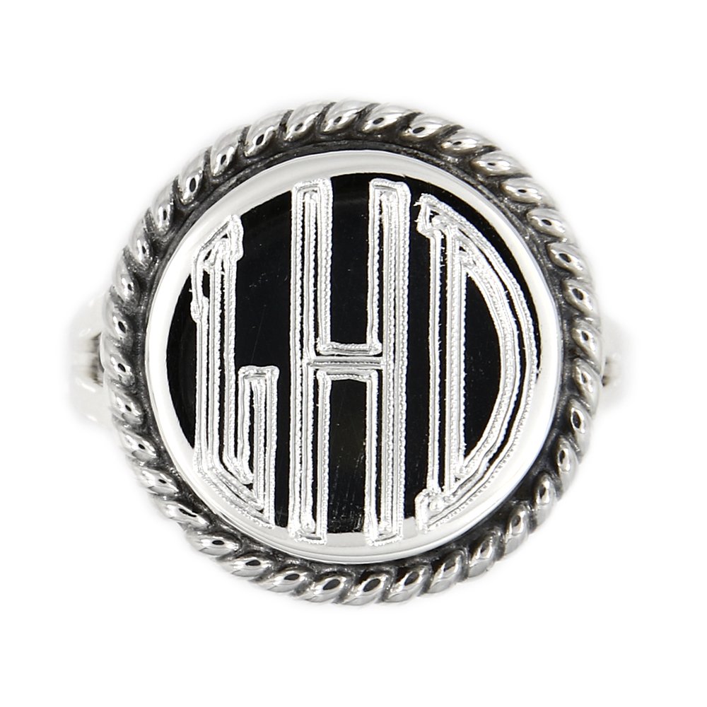 LGU Sterling Silver Polished Personalize Monogram Signet Rope Edge Round Ring with Engraving (8.5)