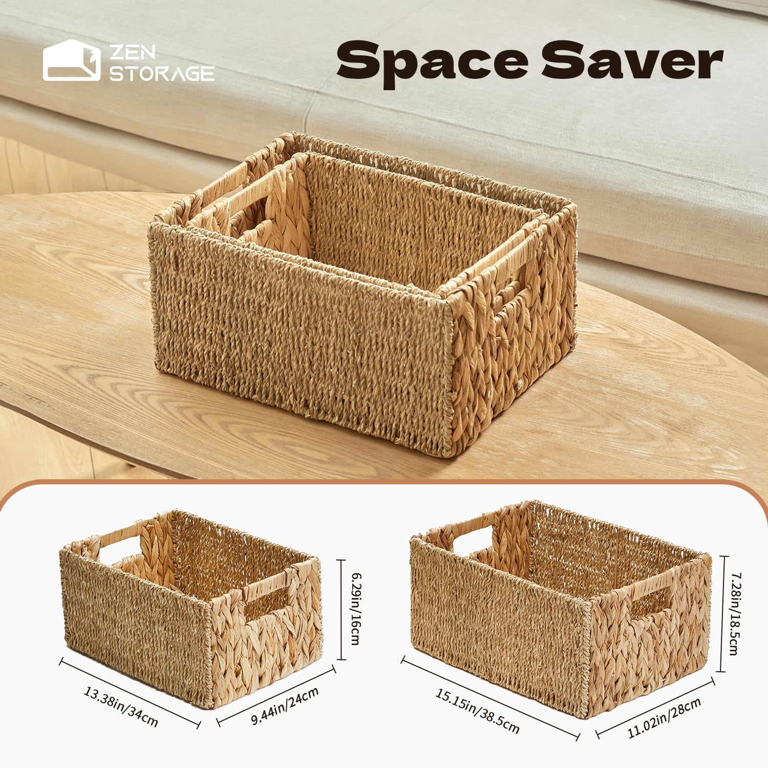 Wicker Storage Basket with Built-in Handle, Water Hyacinth Storage Basket for Shelf/Cabinet, Square Wicker Basket for Towel/Book/Magazine/Toy/Blanket/DVD, Set of 2, Large and Small