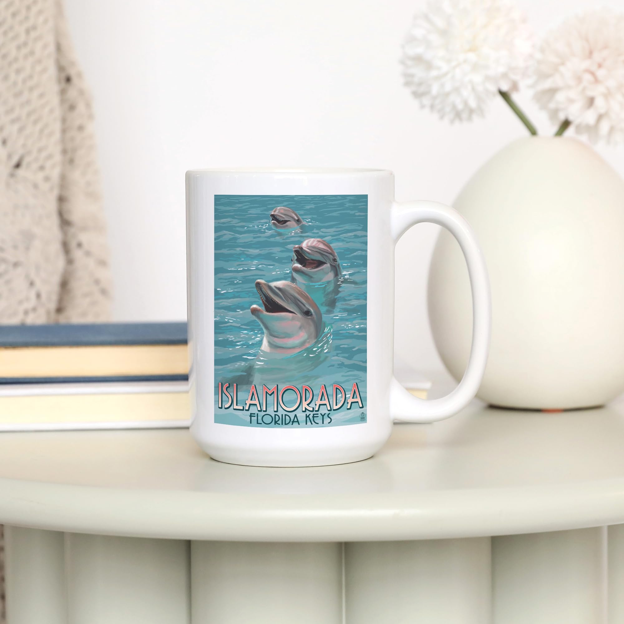 Lantern Press Islamorada, Florida Keys, Dolphins (15oz White Ceramic Coffee and Tea Mug, Dishwasher and Microwave Safe)