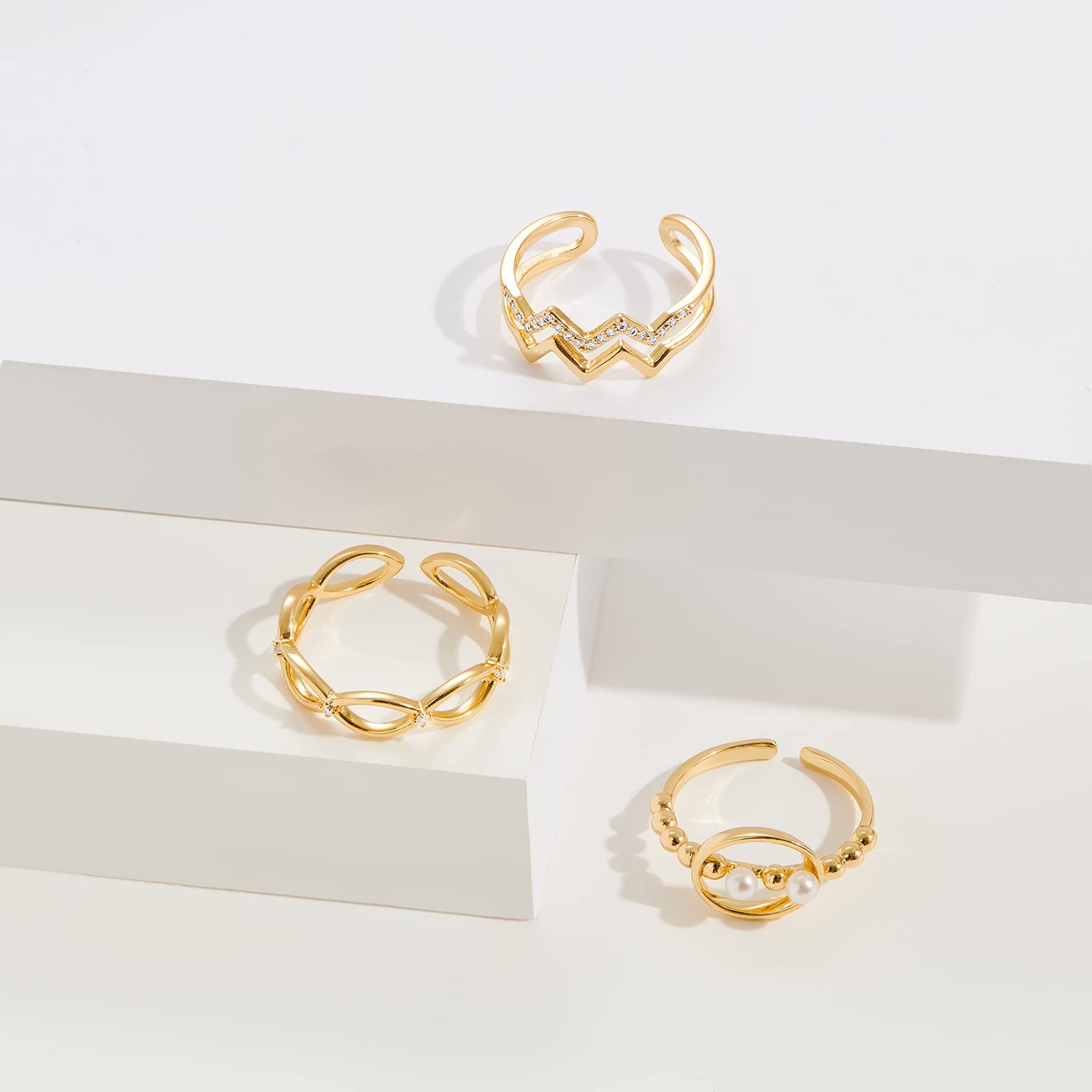 NOKMIT 14K Gold Plated Open Rings for Women Pearl Bead Stackable Ring Adjustable Statement Band Mothers Day Gifts