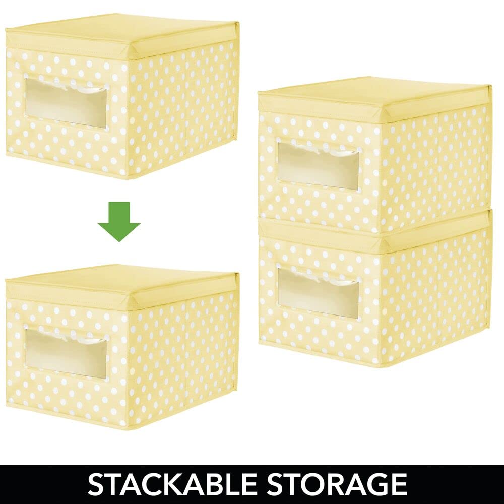 mDesign Large Soft Stackable Fabric Baby Nursery Storage Organizer Holder Bin Box with Front Window/Lid for Child/Kids Bedroom, Playroom, Classroom, Lido Collection, 4 Pack, Lt Yellow/White Polka Dot