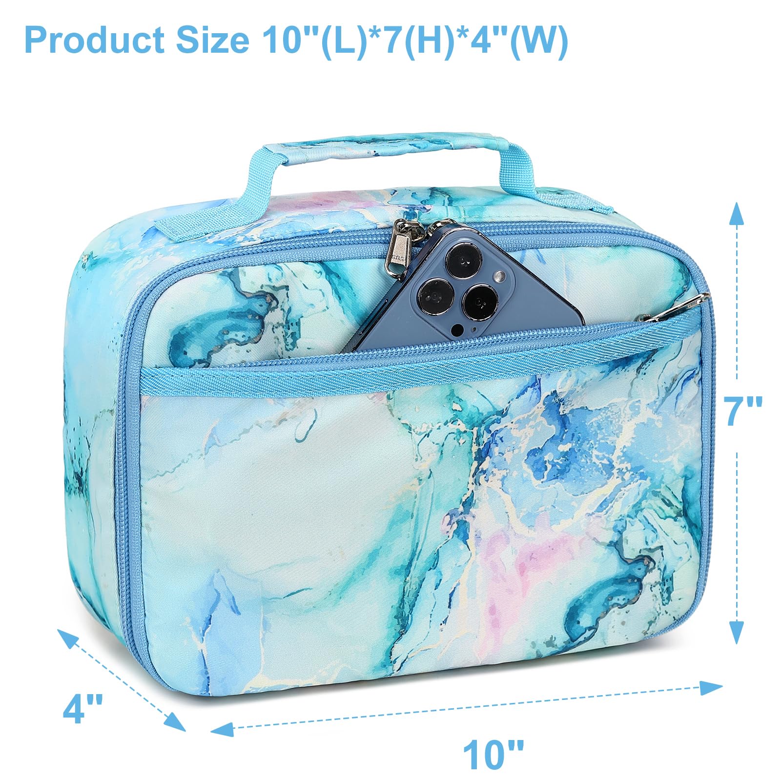 LEDAOU Lunch Bag Kids Insulated Lunch Box Girls Insulated Reusable Lunch Bag for School Picnic Hiking Work (Marble Blue)