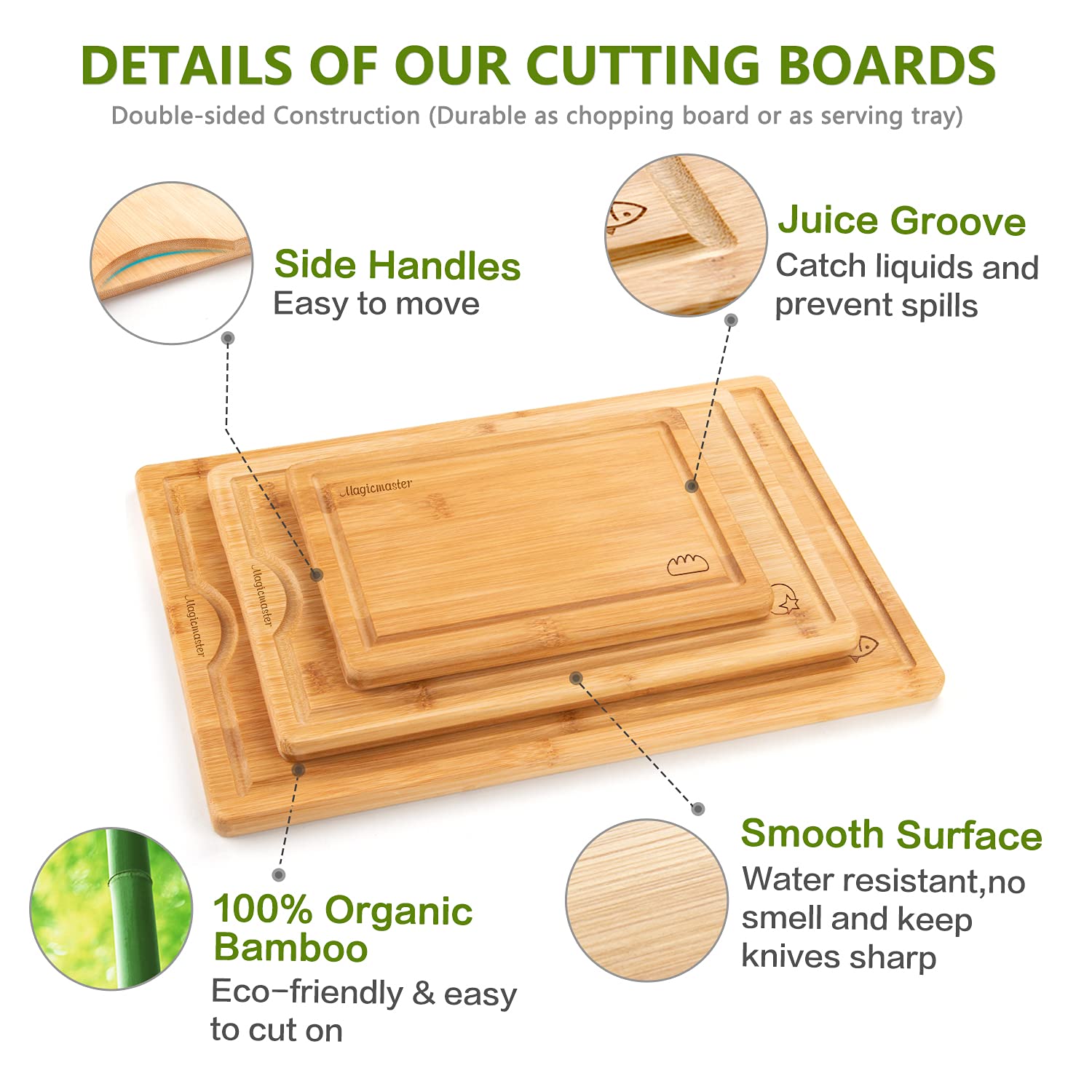Magicmaster Bamboo Cutting Board, 3 Pcs Wood Cutting Boards for Kitchen, Wood Cutting Board Set with Juice Groove, Chopping Board for Meat Fruits Cheese and Vegetables