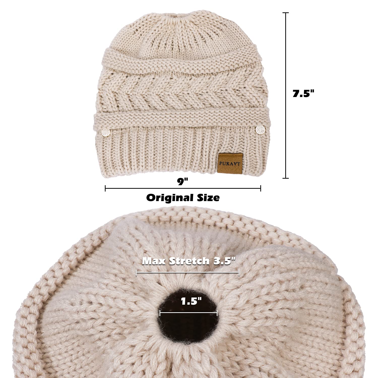 Pukavt 2 Pack Winter Ponytail Beanie Hat for Women,Soft Stretch Cable Knit Messy Bun Beeanie,Trendy and Warm Beige/Black