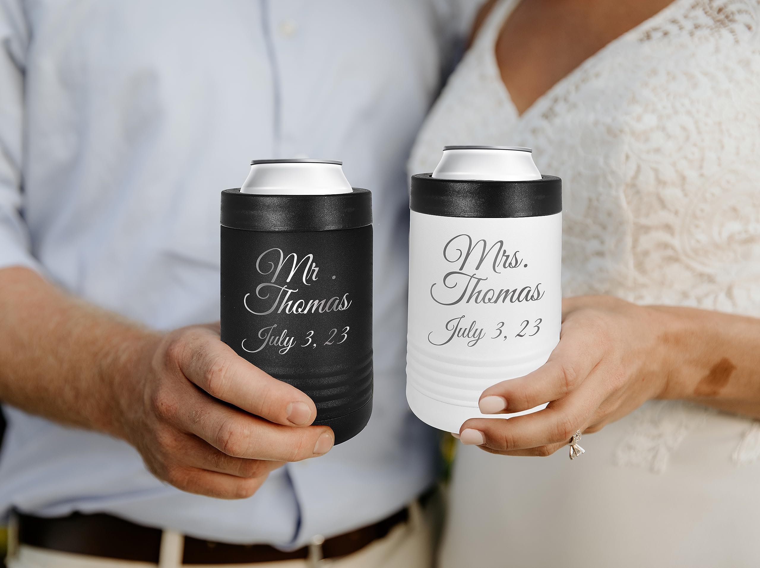Personalized Stainless Steel Engraved Insulated Beverage Holder Customized Can Cooler with Custom Name Text โ Wedding, Birthday, Corporate Gift (Black, Standard)