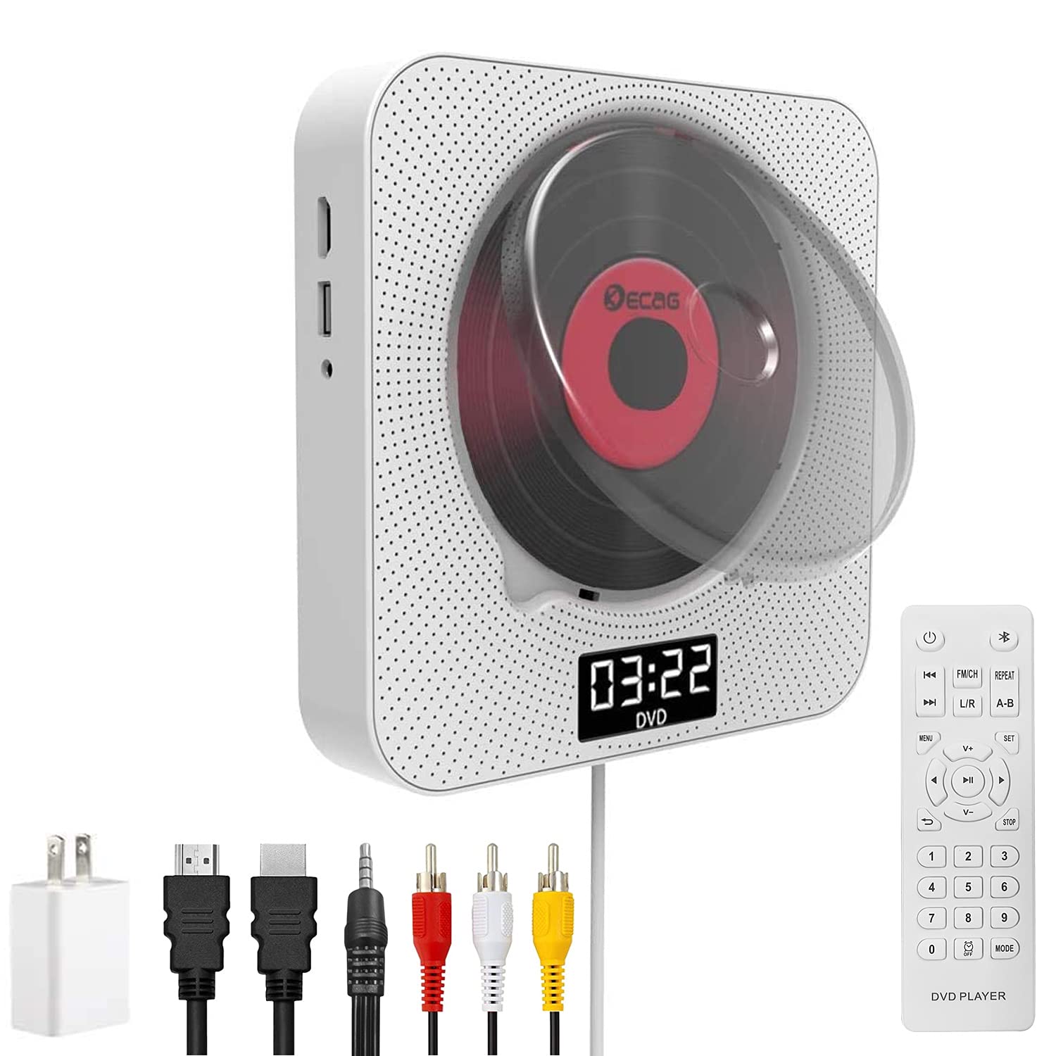 KECAG DVD/CD Player with Bluetooth Dual Speakers,Wall Mountable DVD Player Portable with HDMI Full-HD 1080P Output for TV,AV USB Port FM Radio Remote Control 3.5mm AUX Line in/Out Sleep Timer,White