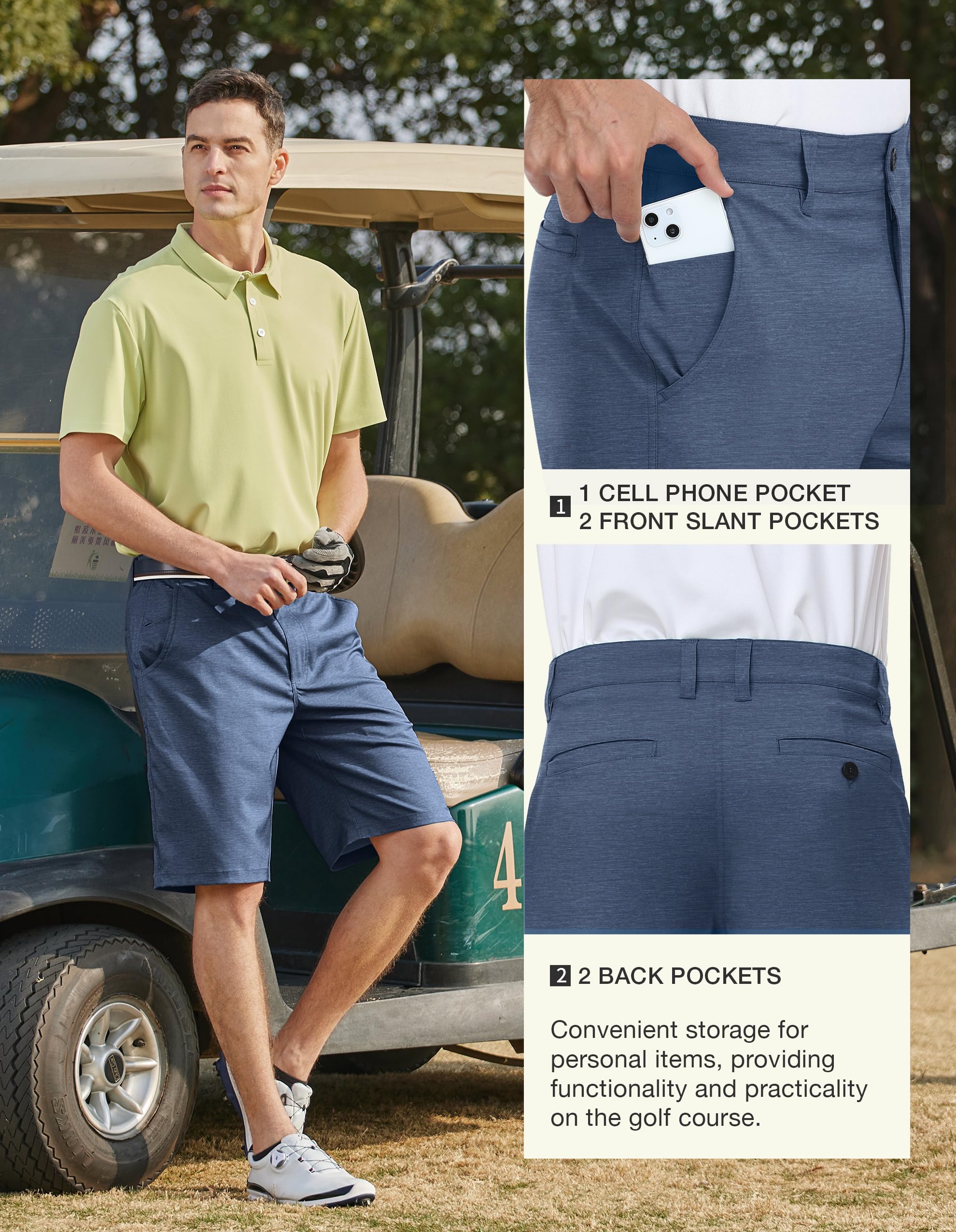 PULI Mens Dress Stretch Chino Hiking Traveling Shorts Quick Dry Lightweight Golf Beach with Pockets Blue 38