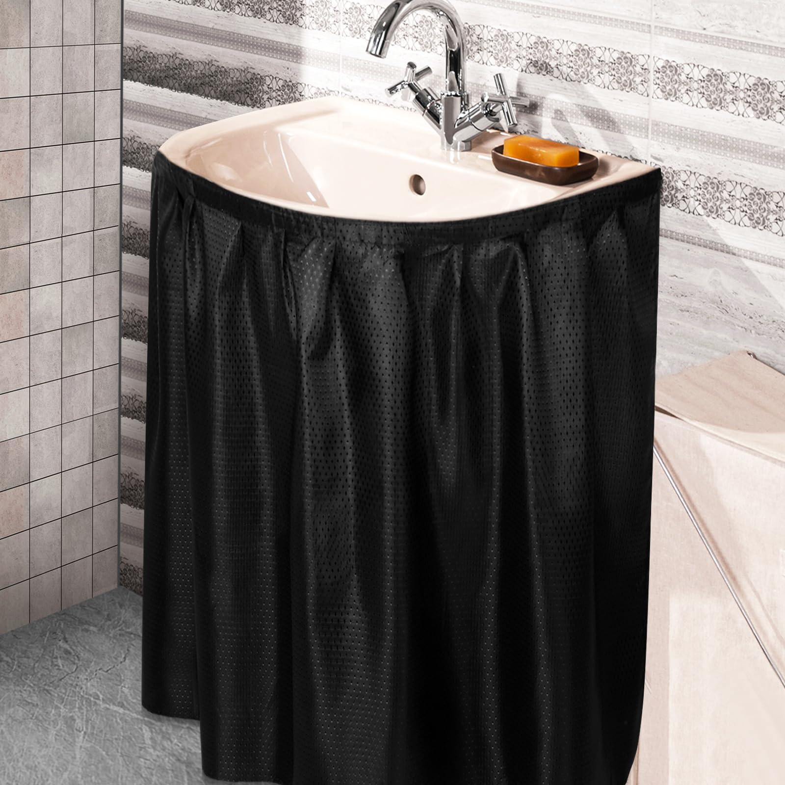Windkream Fabric Sink Skirt Diamond Bathroom Stitch Black Self Stick Adhesive Waterproof Fabric Under Sink Curtain Skirt 55 x 32 Inch Sinks Adds Bathroom Storage