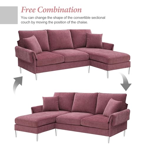WIIS' IDEA Convertible Sectional Sofa Couch,Modern Chenille L-Shaped Sofa Couch with Reversible Chaise Lounge,2 Pillows,Fit for Living Room,Apartment(Pink)