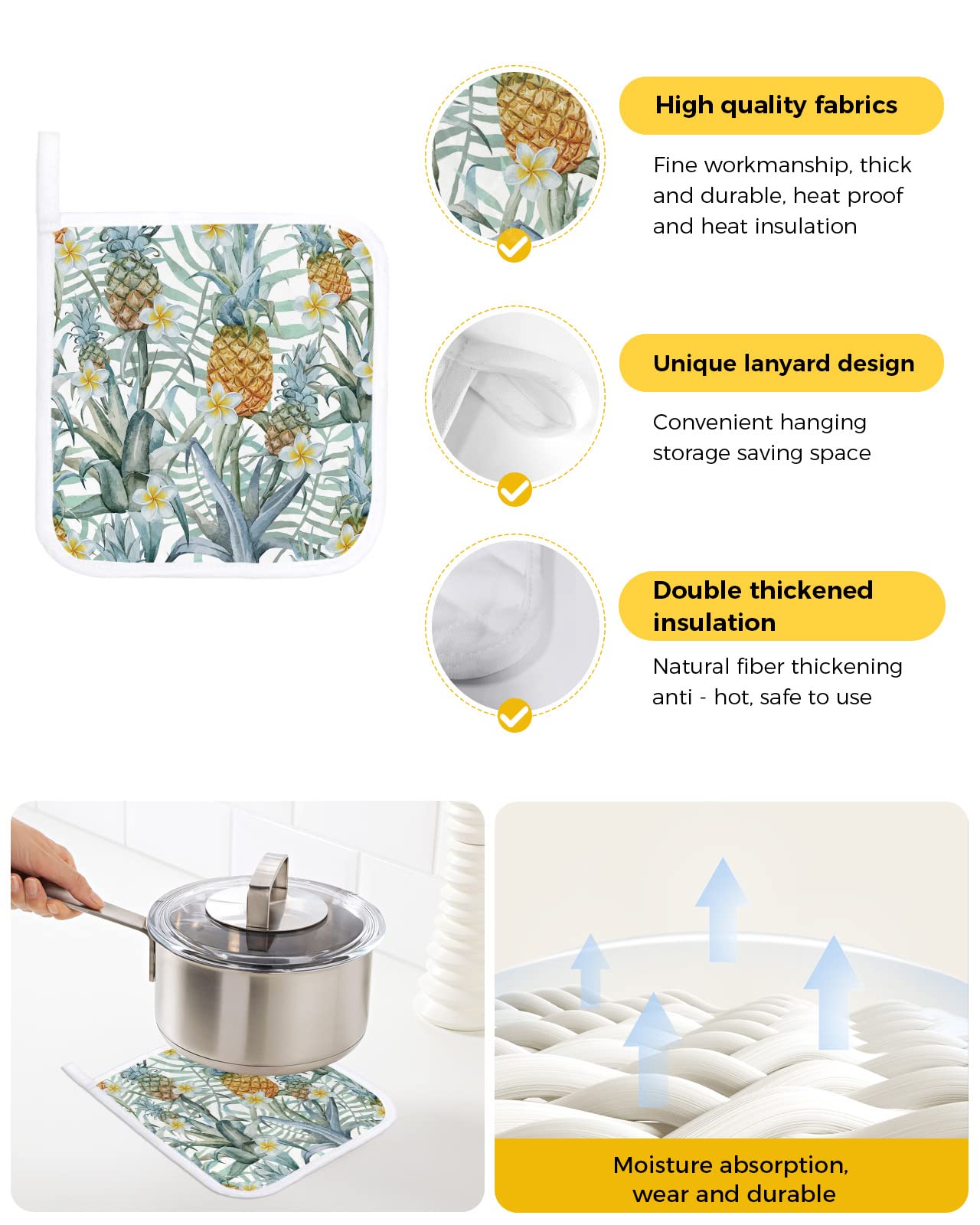 Pot Holders for Kitchen Watercolor Tropical Fruits Pineapple Leaf Set of 5 Potholders Heat Proof Non-Slip Oven Pot Holder Insulation Terry Cloth Hot Pad with Loop Rainforest Botanical