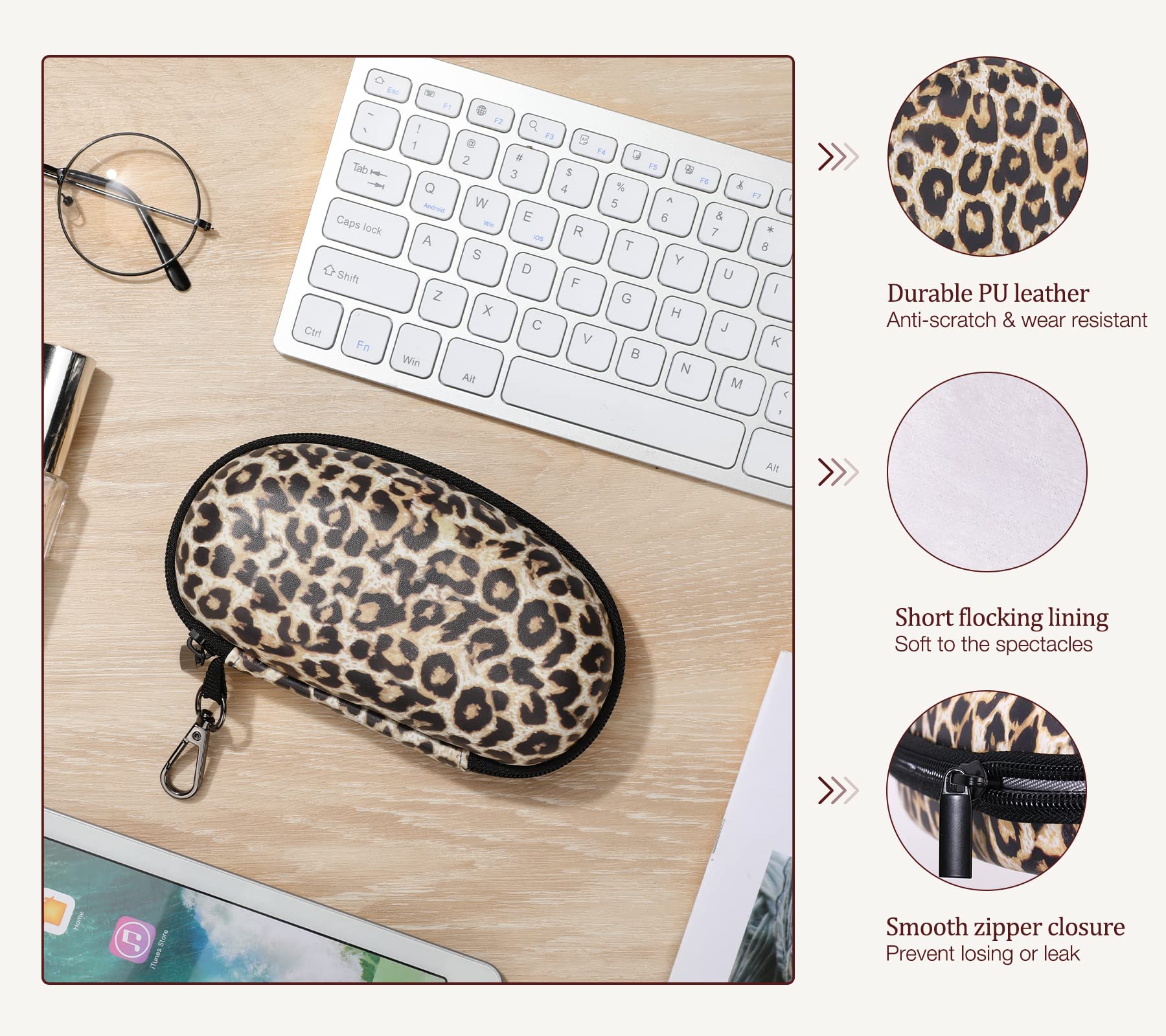 MoKo Unisex PU Protective Eyeglasses Case, Leopard, Zipper, 6.69x3.66x2.28in, 3.27oz