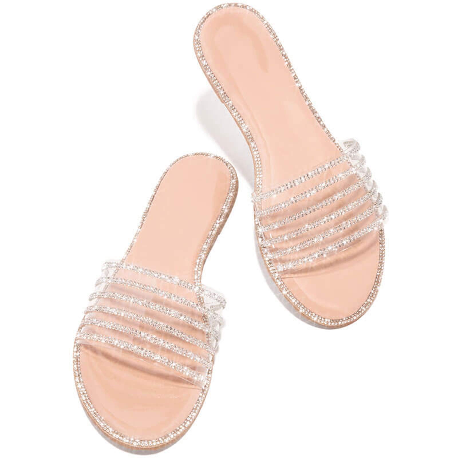NOLDARES Sandals for Women Summer Casual Open Toe Rhinestone Slipper Slip-On Comfy Casual Flat Sandals