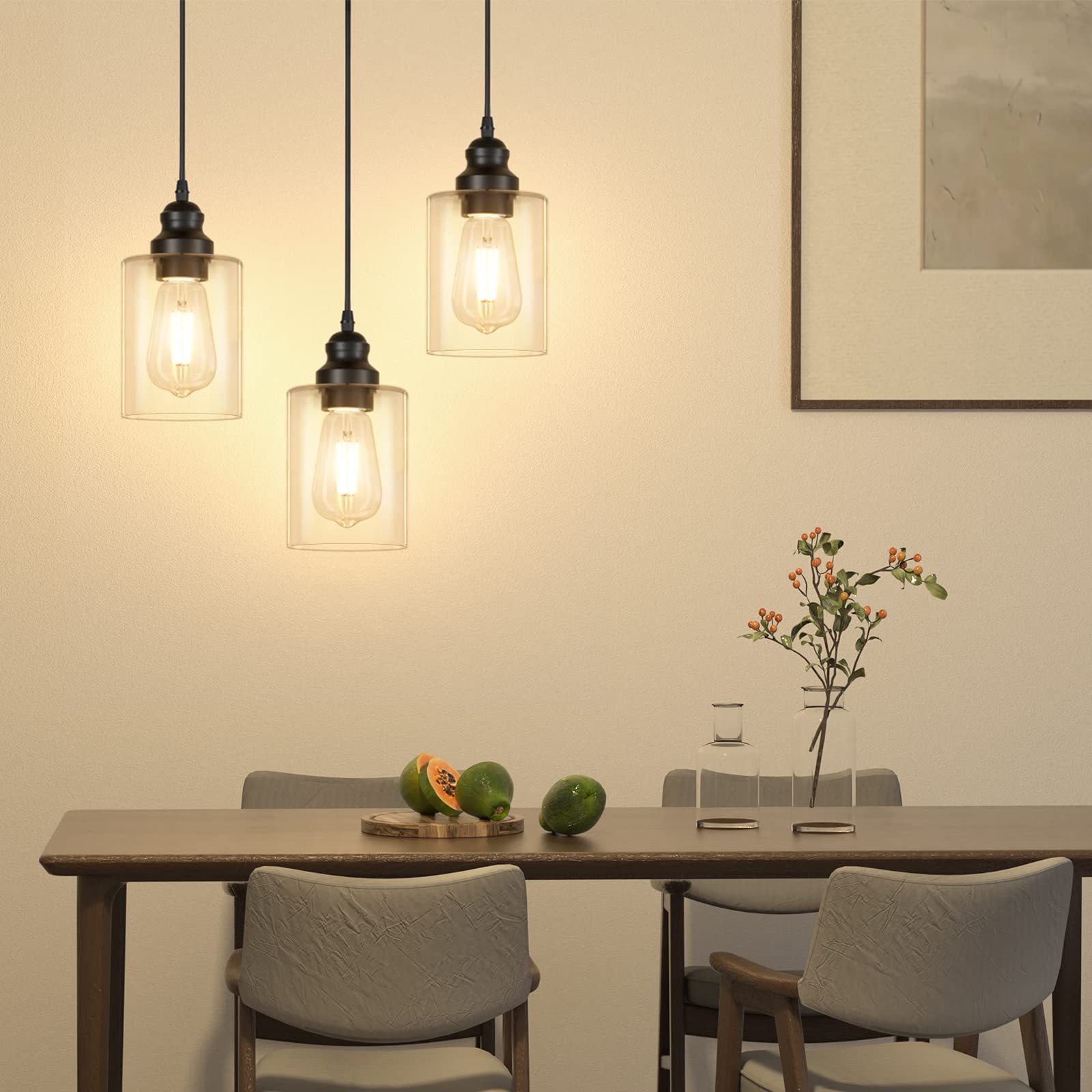 Licperron 3 Pack Hanging Pendant Lighting Fixtures, Adjustable Black Hanging Ceiling Lamp with Clear Glass Shade, Modern Pendant Light for Kitchen Island, Dining Room, Bedroom, Hallway