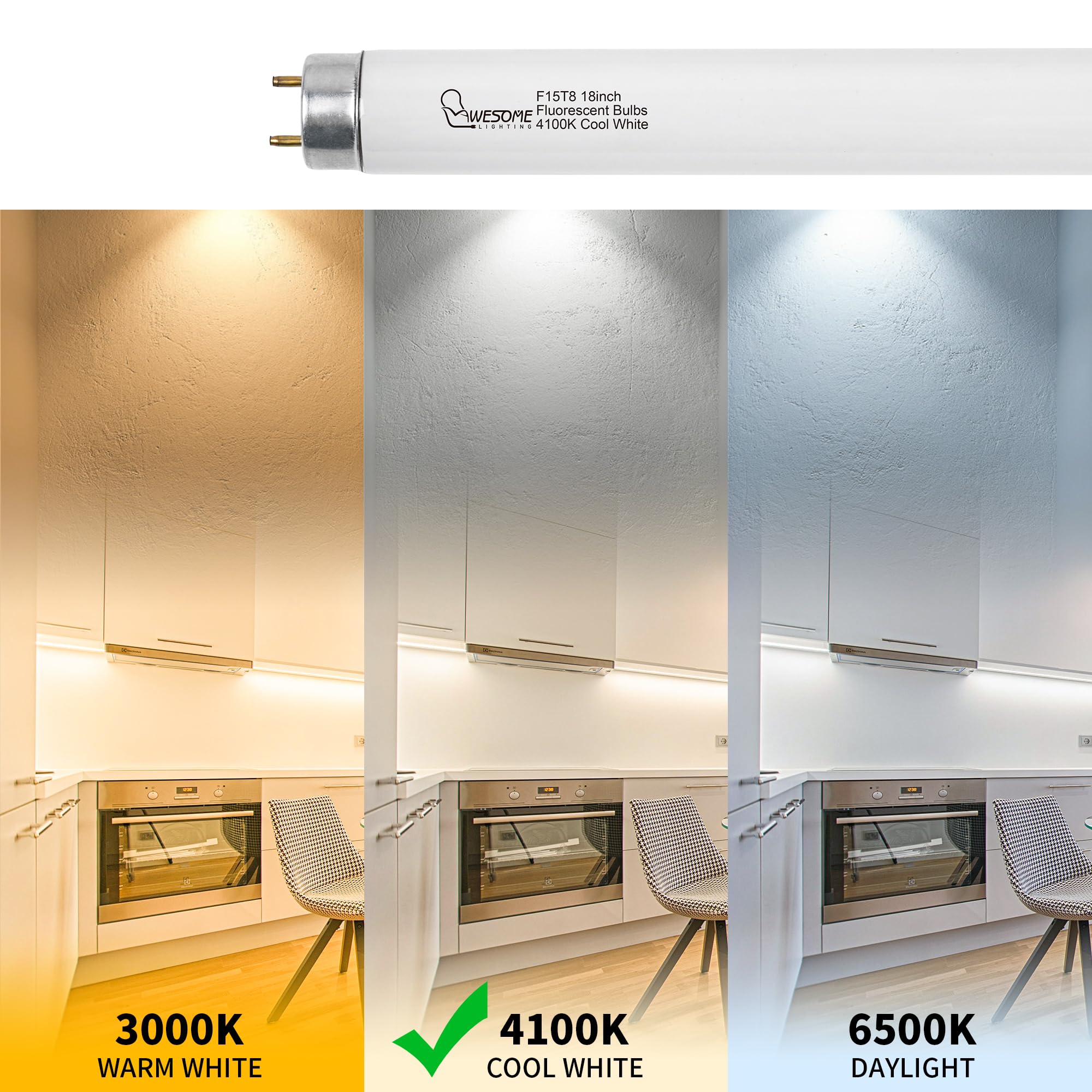 Wesome Lighting 18 Inch F15T8/CW Fluorescent Light Bulbs, Cool White 4100K, T8 15 Watts Fluorescent Bulb Replacement Tube for Counter and Cabinet Fixture, G13 Base - 4 Pack