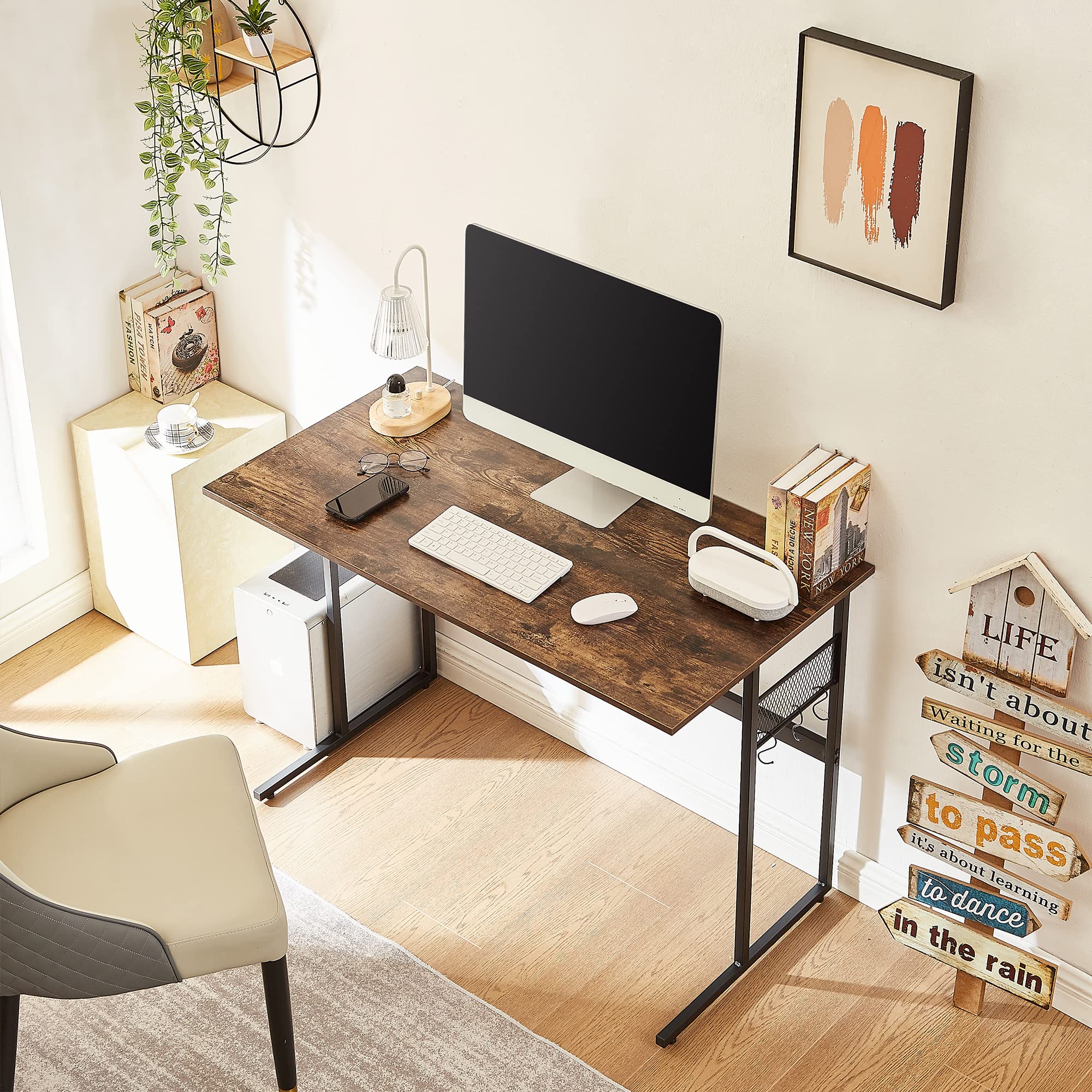 VECELO 32 Inch Small Computer Sturdy Laptop Industrial Desk Office Work, Modern Simple Study Table with Headphone Hook, Adjustable Feet and Water Proof Surface, 44", Brown