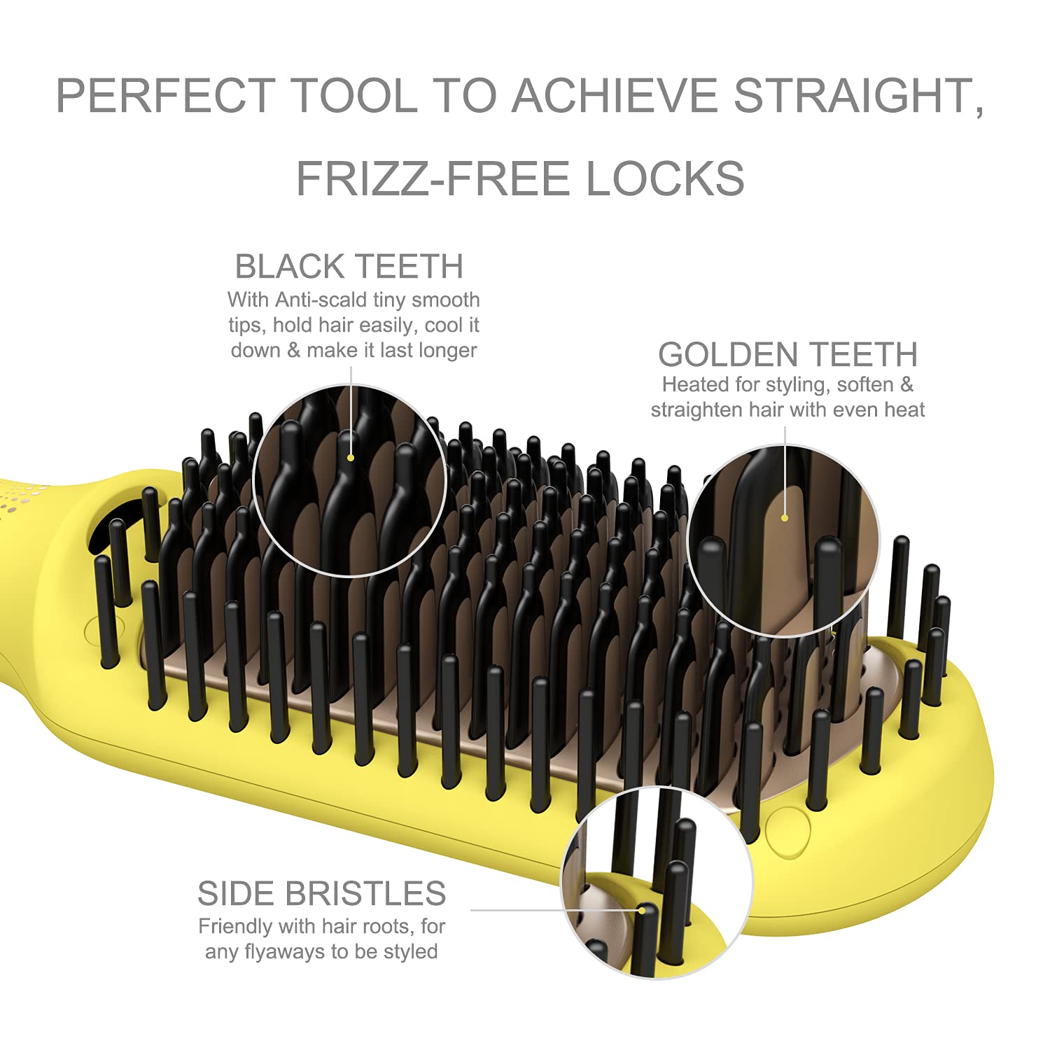 LENA Ionic Straightening Brush - Pro Flat Iron Straightener Comb and Heated Paddle Brush Styler with Extra Ion Care for Ultra Smooth Hair, Anti-Scald,Auto Off, Max 450°F (Yellow)
