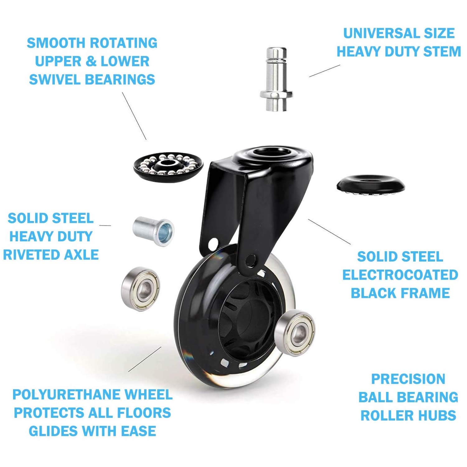 Office Chair Caster Wheels 3" - Heavy Duty Soft PU Rubber Safe for Hardwood Carpet Tile Floors (Set of 5) Generally Applicable to Office Wheels, Replace Chair mats - Universal fit