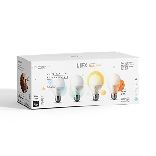 LIFX A19 Mini Day and Dusk White Wi-Fi Smart LED Light Bulb, Dimmable, No Hub Required, App and Voice Control, Works with Amazon Alexa, Apple HomeKit, Google Assistant and Microsoft Cortana - 4 Pack