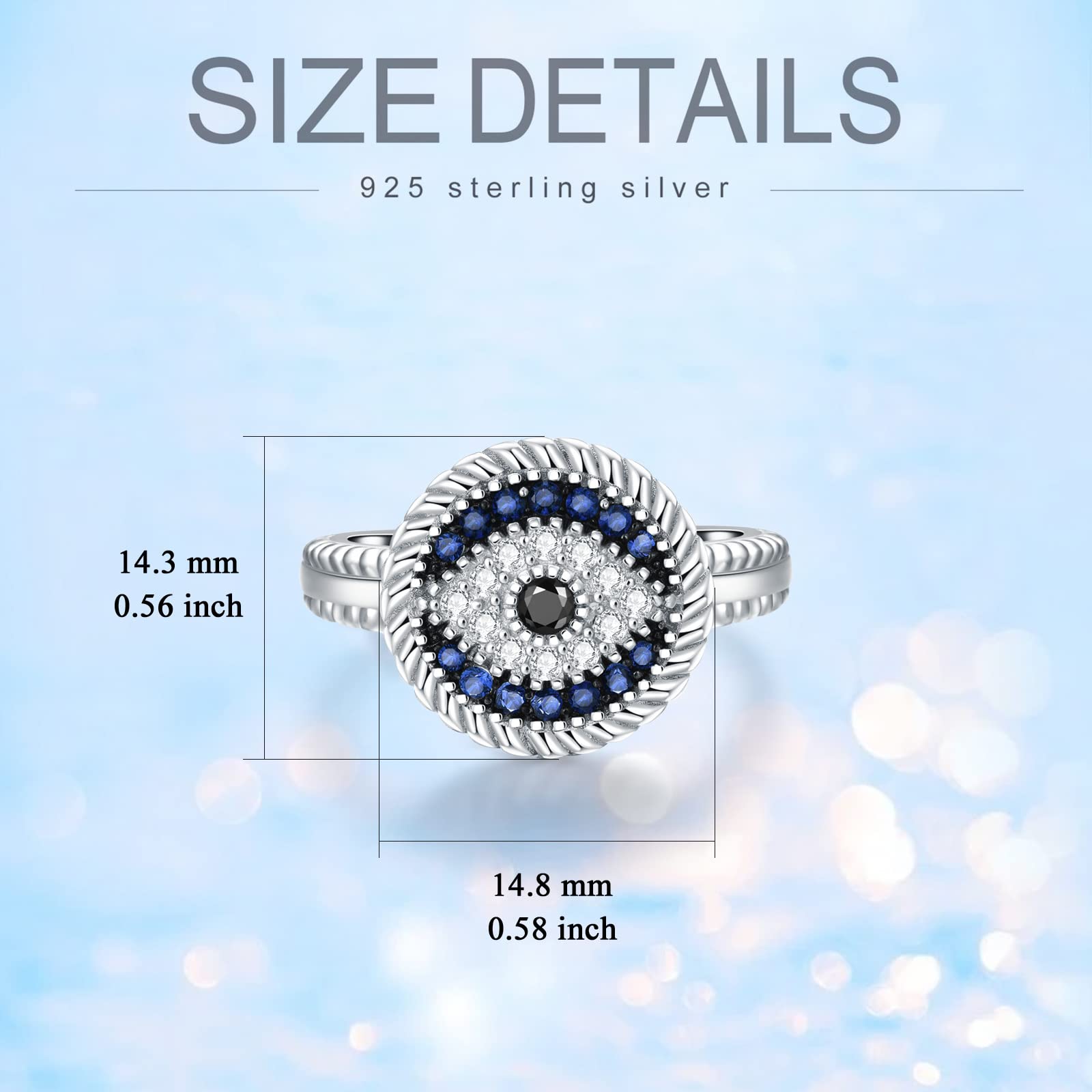 PEIMKO Evil Eye Ring Spiritual Turkish Ring Size 7/8/9 Sterling Silver Blue Evil Eye Rings Round Evil Eye Ring Greek Evil Eye Protection Ring for Women(8)